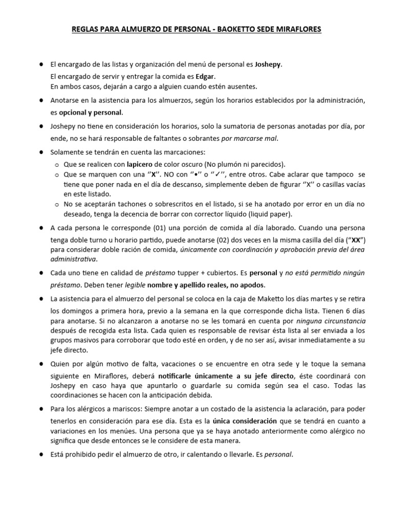 Reglas Generales para Almuerzo de Personal 2023 | PDF | Cocinando ...