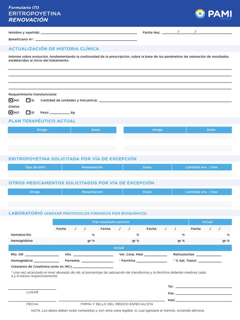 11 Formulario Eritropoyetina (Renovacion) | PDF | Ciencias de la Salud | Drogas