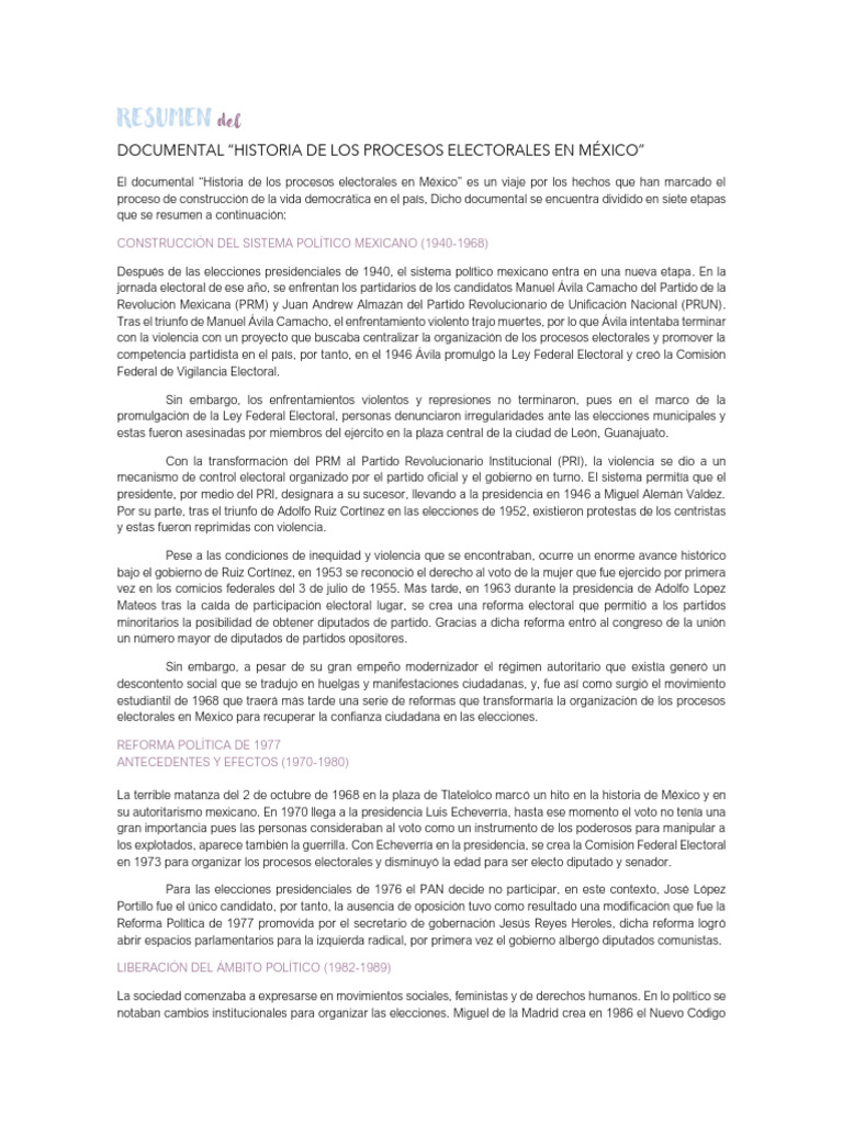 Historia De Los Procesos Electorales En México Pdf México Partido