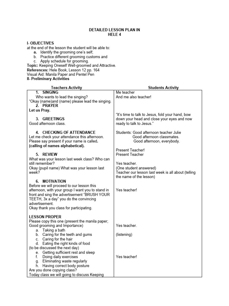 Grade 4 Personal Hygiene Lesson Plan | PDF | Hygiene