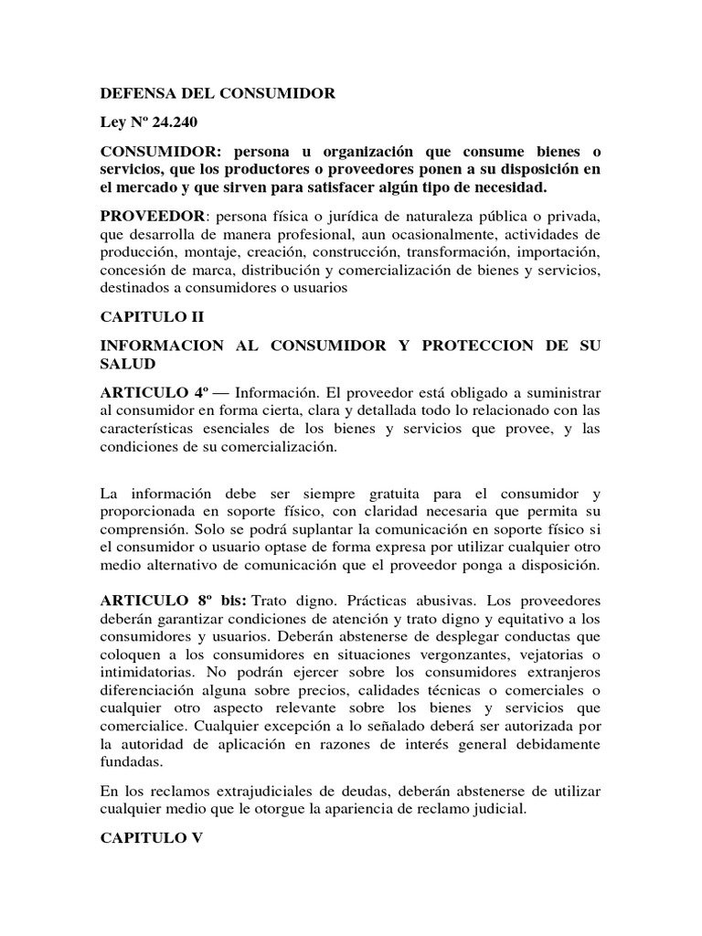 Ley 24.240-DEFENSA DEL CONSUMIDOR | PDF | Los consumidores | Bienes