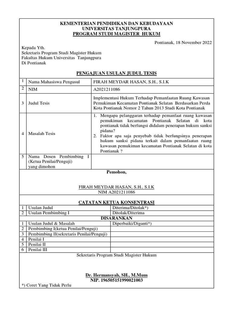 Format Pengajuan Judul & Persetujuan Pembimbing 1 Firah | PDF