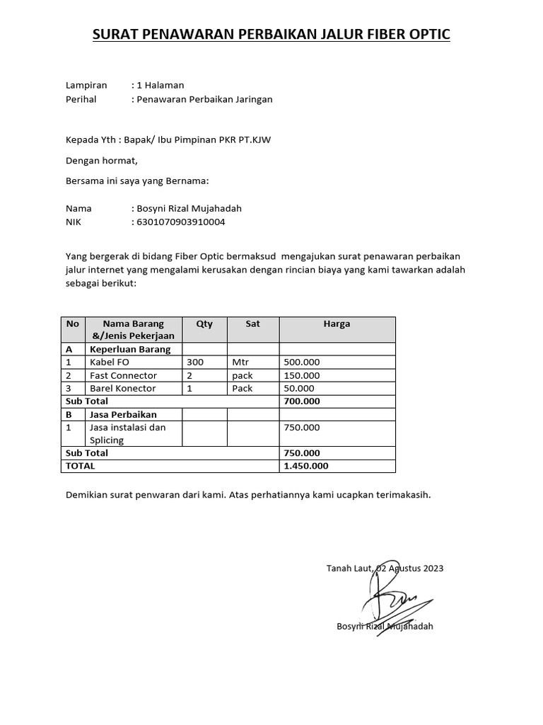 Surat Penawaran Perbaikan Jalur Fiber Optic | PDF