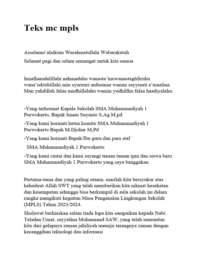 Teks MC Pembukaan MPLS SMA 2023 | PDF