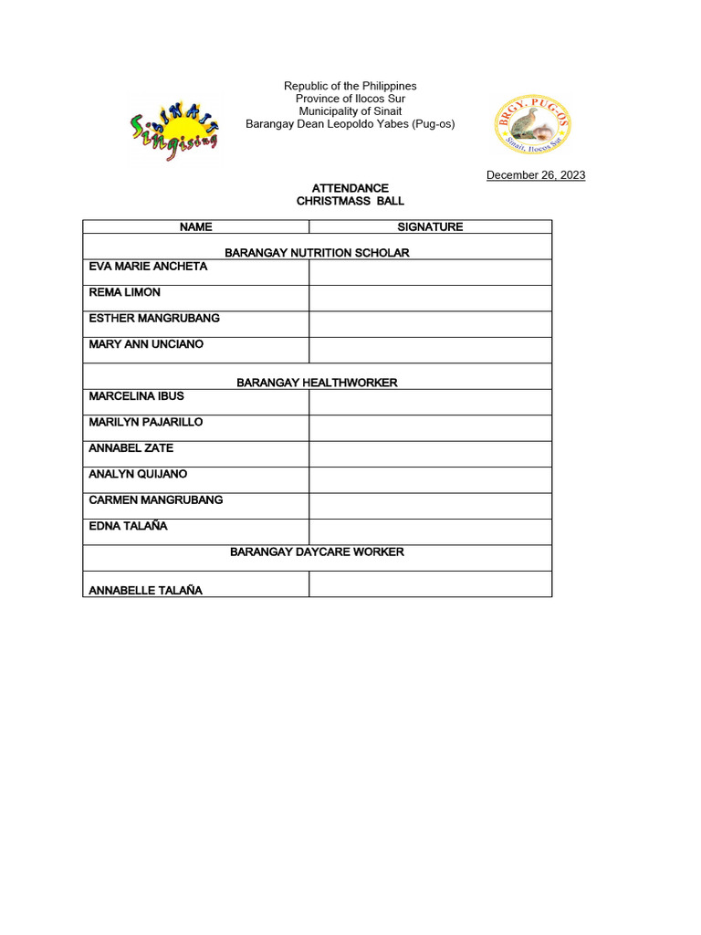 Attendance BNS BHW | PDF