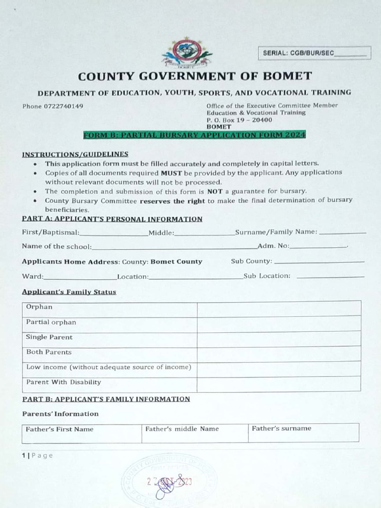 Partial Bursary 2024 Application Form 1 | PDF