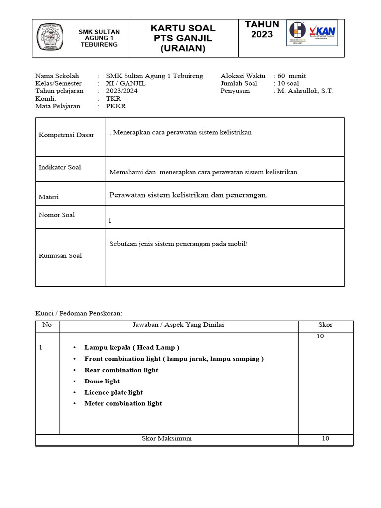 FORM KARTU SOAL-PTS Ganjil | PDF | Teknologi & Rekayasa