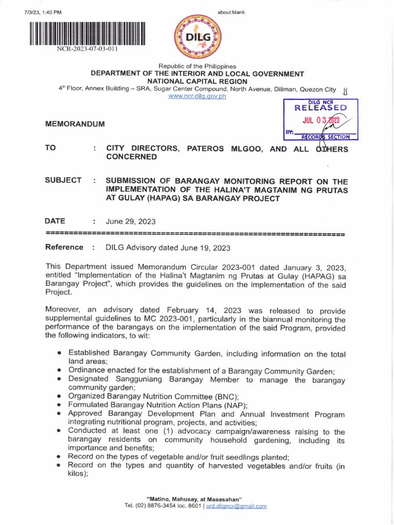Memorandum Submission Of Brgy Monitoring Report On The Implementation