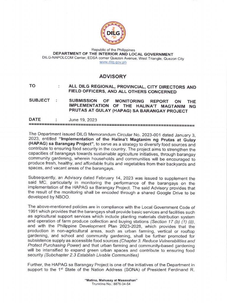 Attachment DILG Advisory Submission of Brgy Monitoring Report On The Implementation of The HAPAG ...