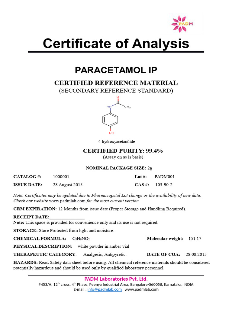 Dokumen - Tips - Certificate of Analysis of Analysis Paracetamol Ip Catalog 1000001 Lot | PDF ...