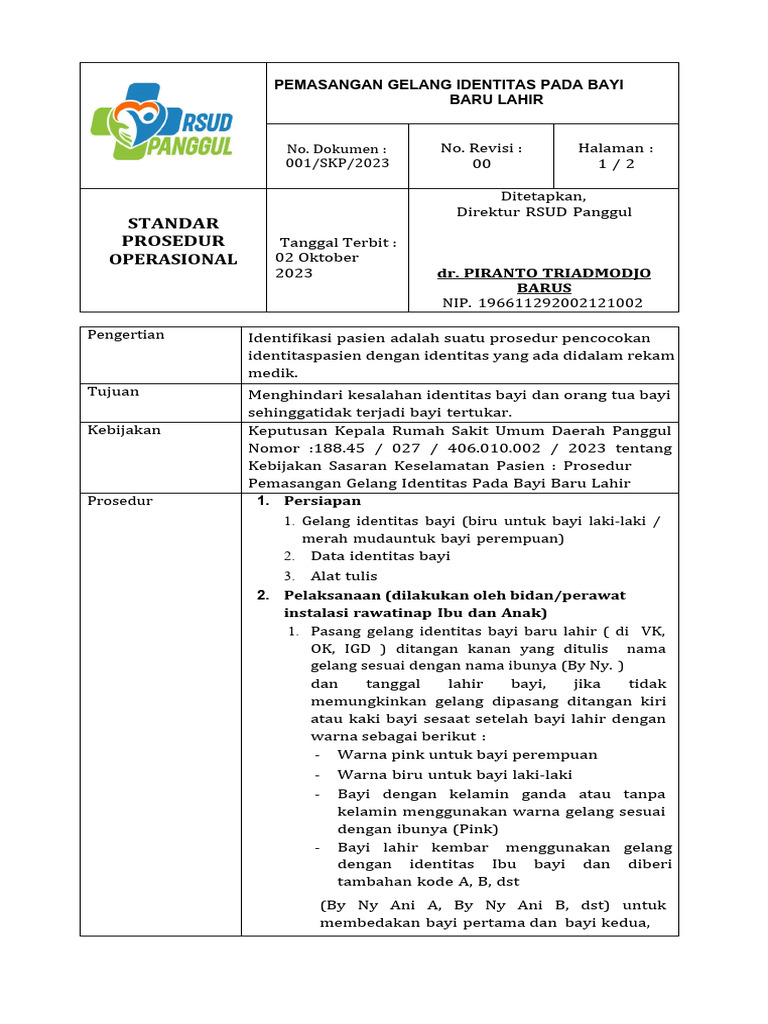 SPO Memasang Gelang Identitas Bayi Baru Lahir | PDF