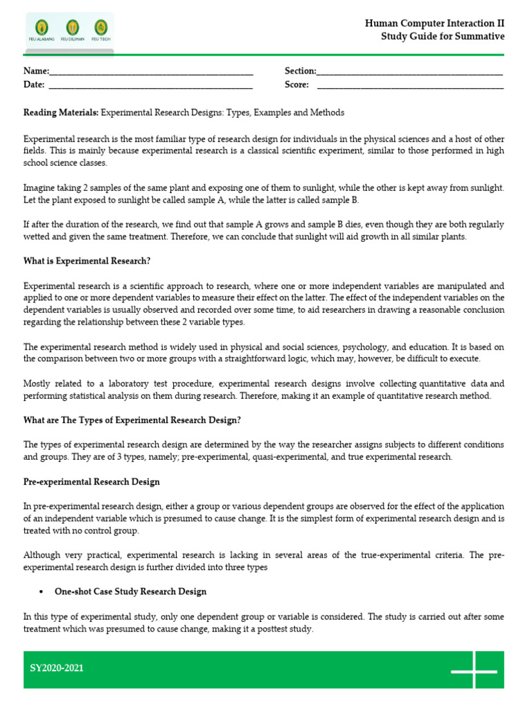 Reading Materials: Experimental Research Designs: Types, Examples and Method | PDF