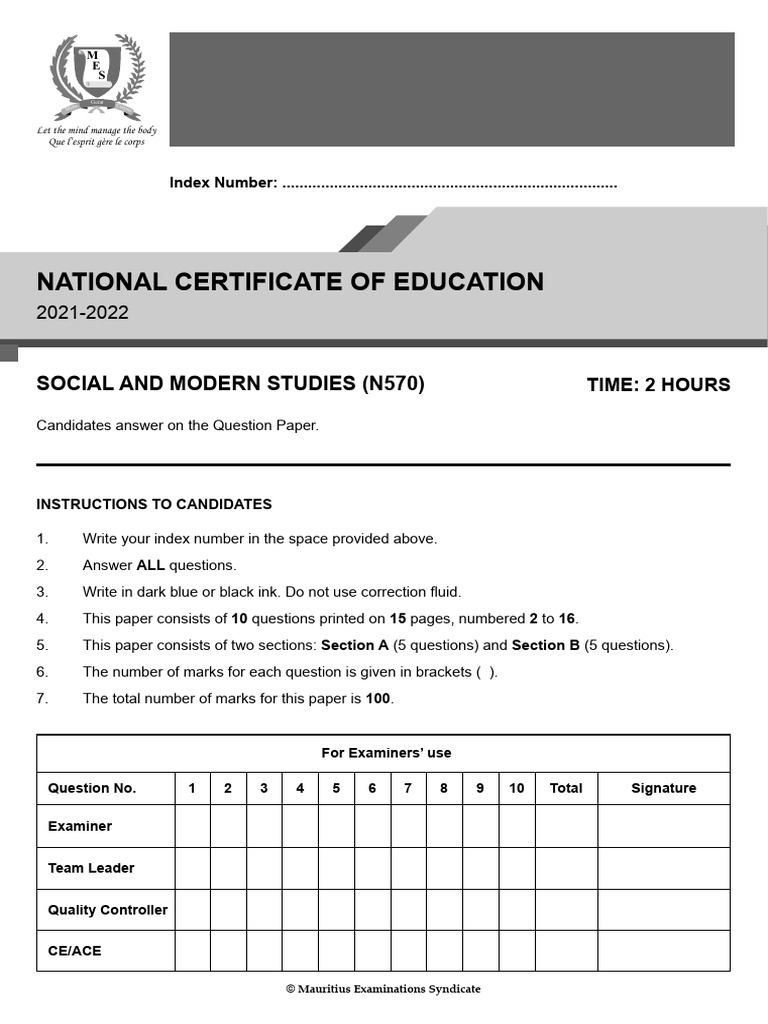 NCE Social Studies Exam Paper 2021-2022 | PDF | Mauritius | Economies