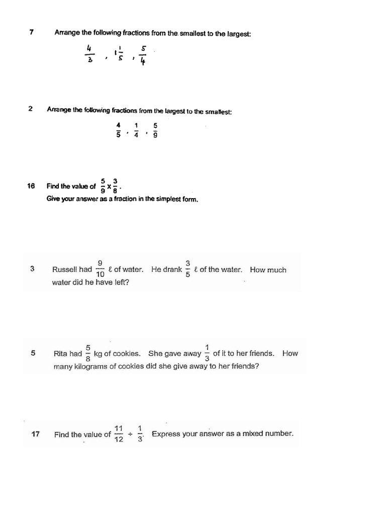 p6 Math Fraction Ws | PDF