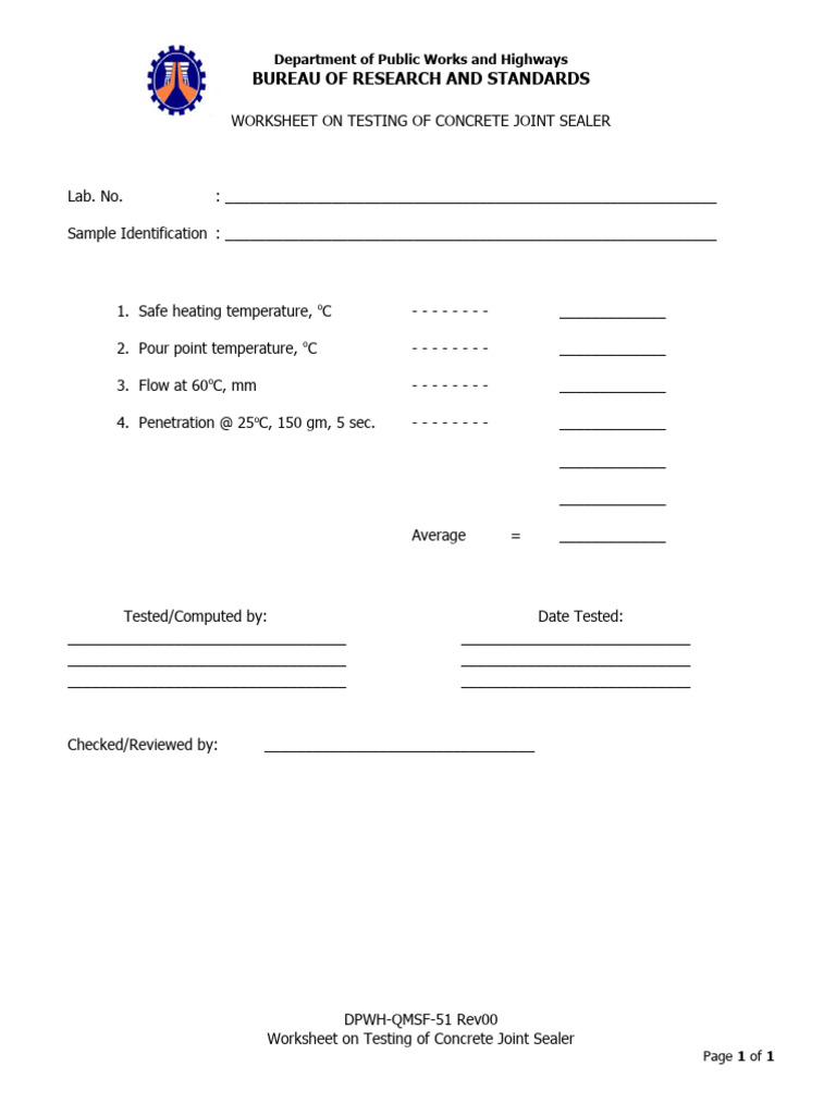 DPWH-QMSF-51 Rev00 Worksheet On Testing of Concrete Joint Sealer | PDF
