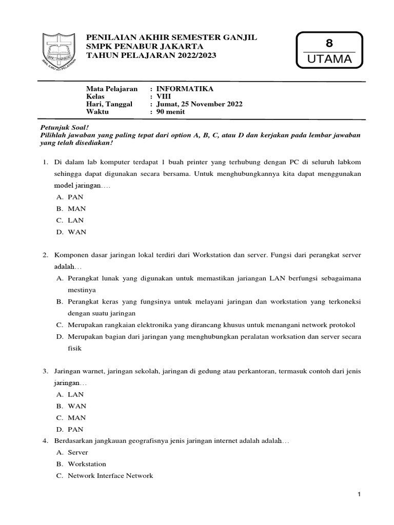 Soal PAS 8 UTAMA Informatika 2022-23 | PDF | Komputer