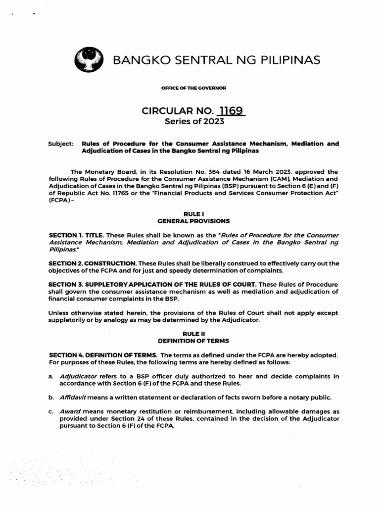 BSP Circular No. 1169-23 | PDF | Complaint | Affidavit