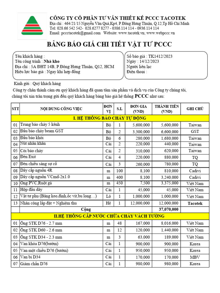Bao gia thi cong PCCC nha kho DHT 14B. Q12 | PDF
