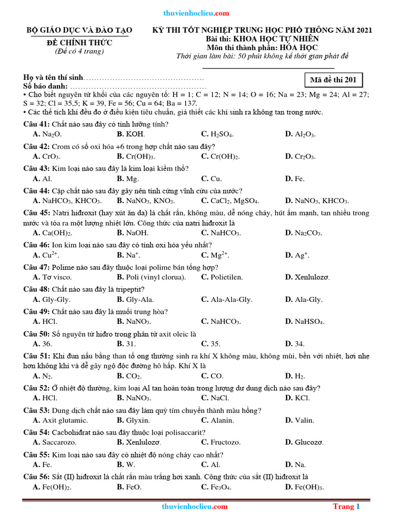 Đề Thi Chính Thức Môn Hóa THPTQG 2021 Mã 201 Đợt 1-Đã Nén | PDF