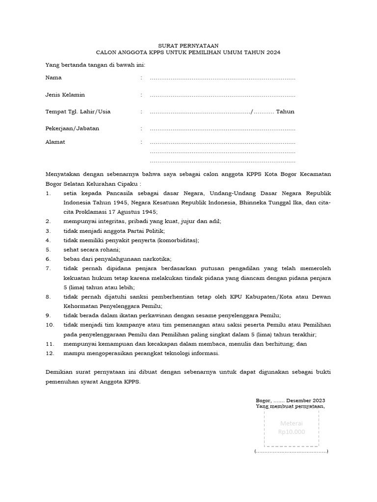 Surat Pernyataan - KPPS - CPK | PDF