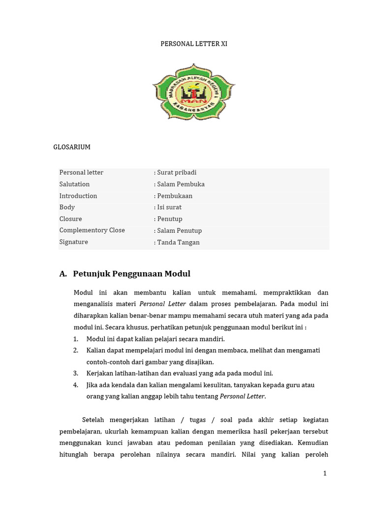 Personal Letters Bahasa Inggris 1 | PDF