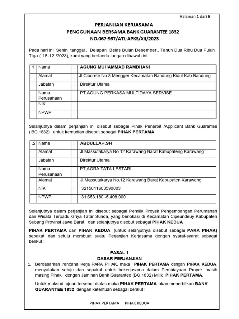 Kerjasama Penggunaan Bank Guarantee 1832 | PDF | Bisnis | Pengelolaan Keuangan & Uang