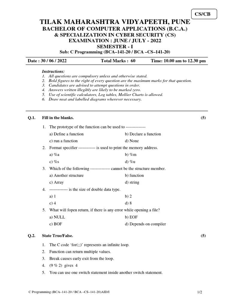 BCA-141-20 BCA-CS-141-20 C Programming | PDF | Computer Program | Programming