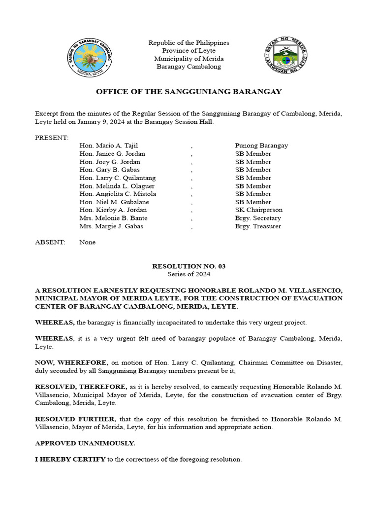 Request for Barangay Evacuation Center | PDF