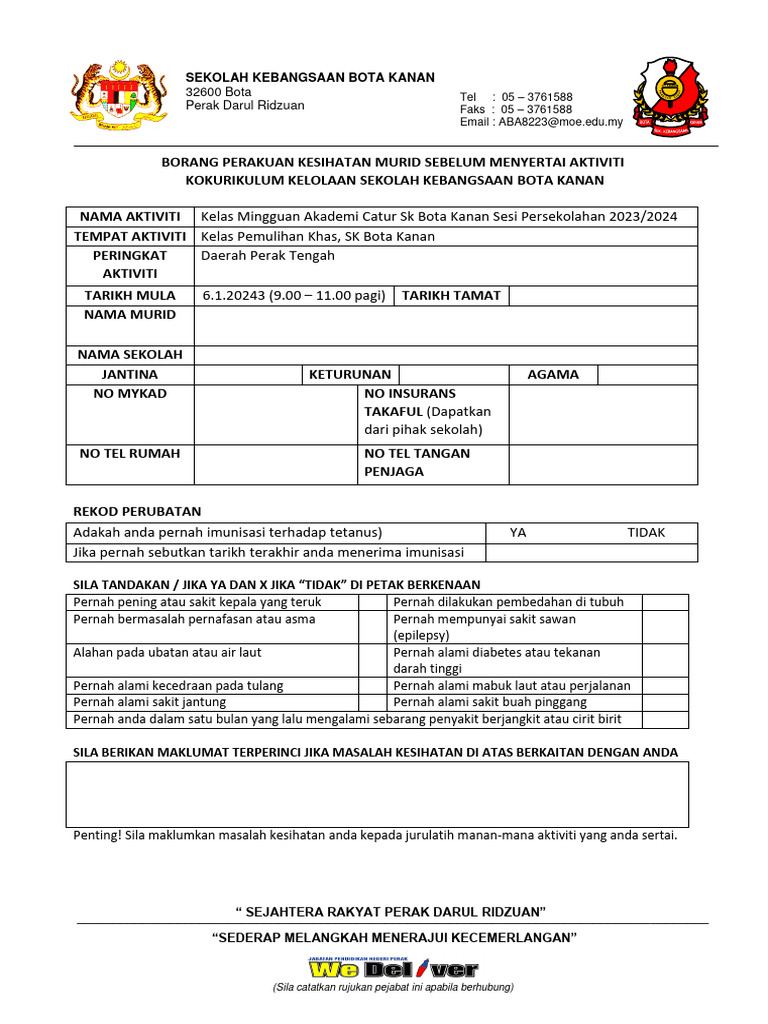 Borang Kesihatan Aktiviti Catur SK Bota Kanan | PDF | Pengembangan Diri ...