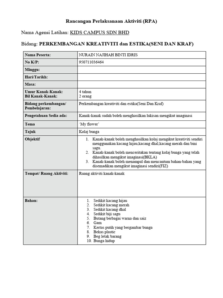 RPA PERKEMBANGAN KREATIVITI DAN ESraf) | PDF