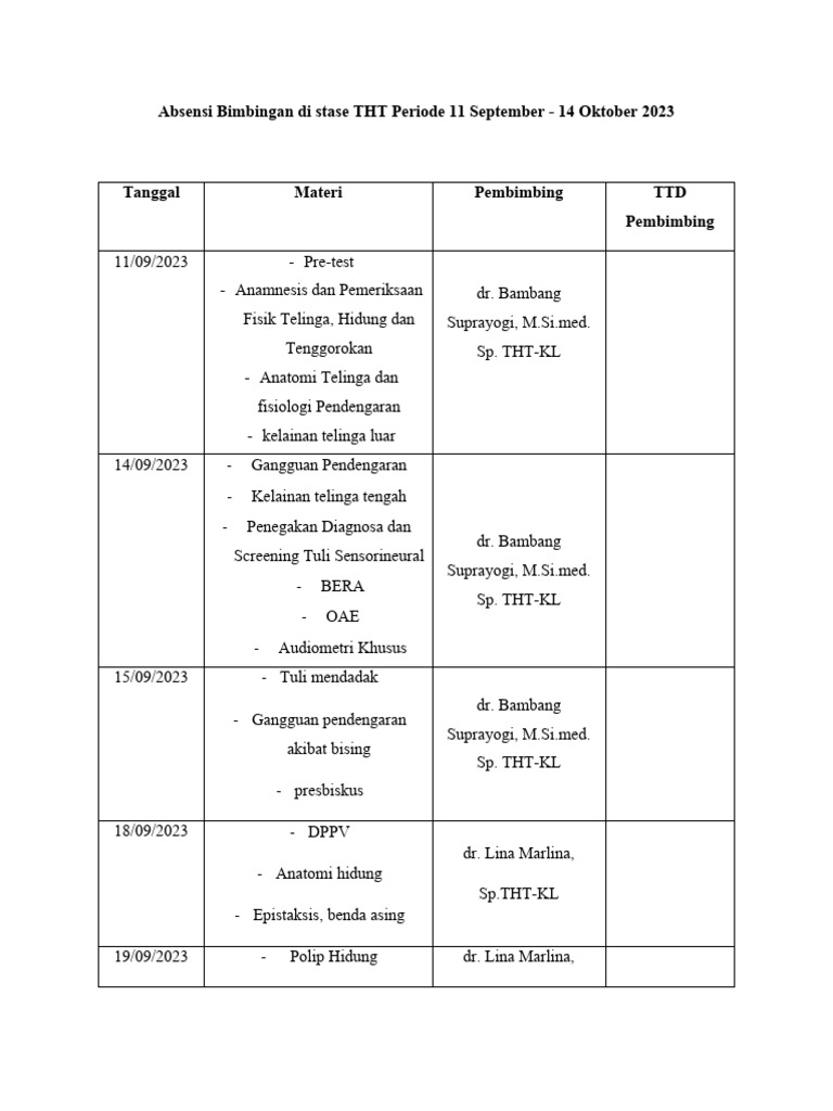 Absensi Bimbingan THT Periode September 2023 - Januari 2024 | PDF