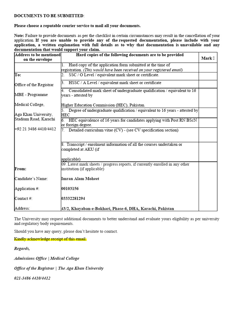 Required Documents for AKU Application | PDF | Academic Degree ...