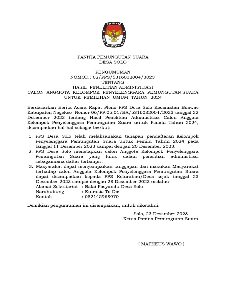 Pengumuman Perekrutan Calon Anggota KPPS Desa Solo | PDF Pengumuman Perekrutan Calon Anggota KPPS Desa Solo | PDF