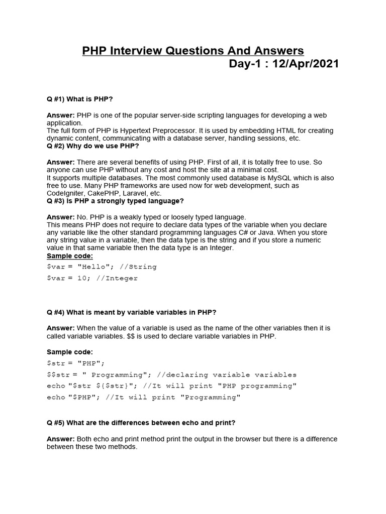 PHP Interview Questions and Answers Day-1: 12/apr/2021: $var "Hello ...