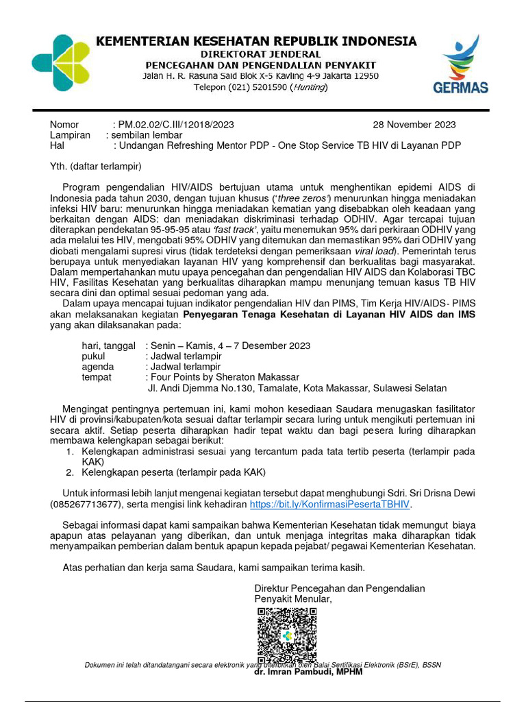 1. Surat Undangan Refreshing Mentor PDP - One Stop Service TB HIV di Layanan PDP | PDF