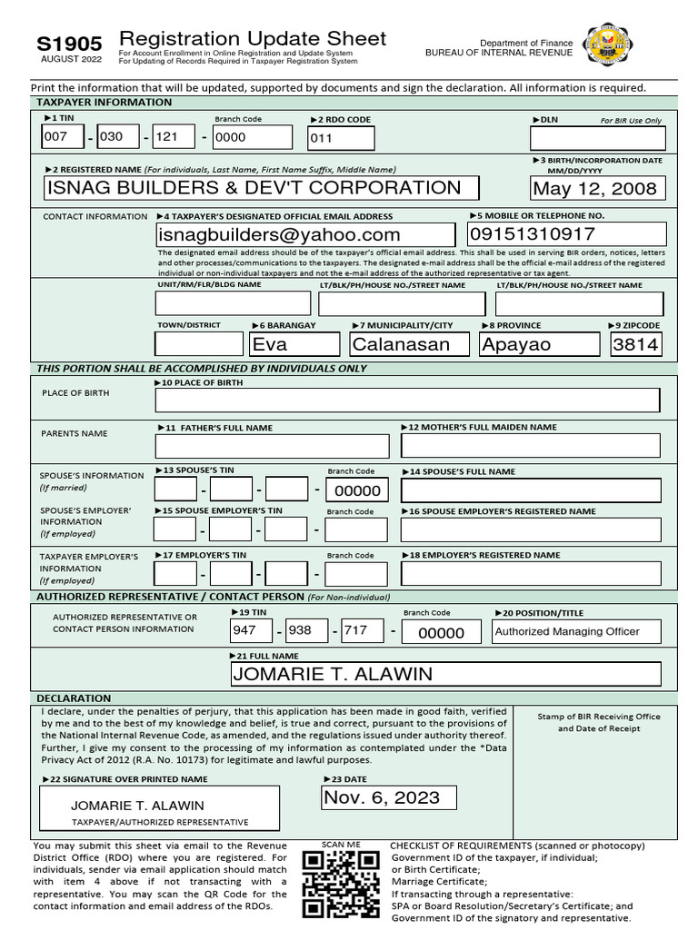 Bir S1905 Registration Update Sheet Pdf Government Taxes