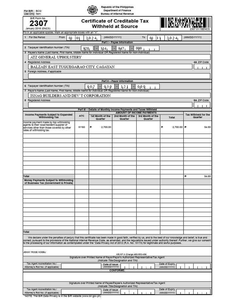 2307 sample | PDF | Value Added Tax | Taxes