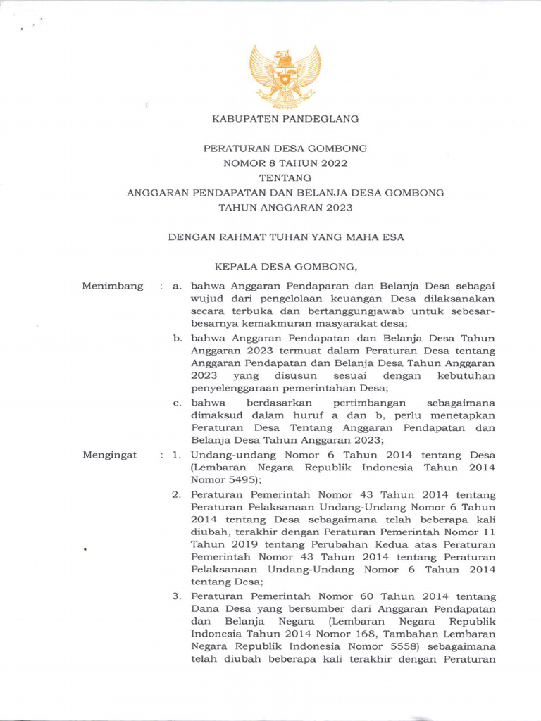 Contoh Perdes APBDes 2023 Gombong | PDF
