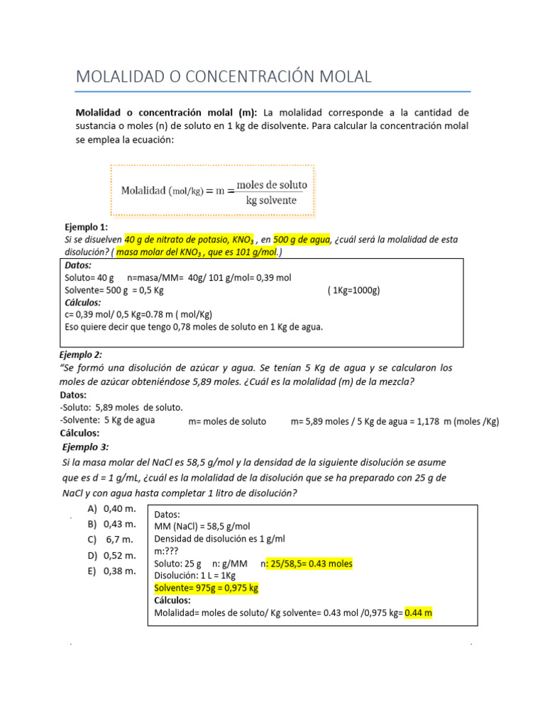 EJERCICIOS DE MOLALIDAD y MOLARIDAD | PDF | Concentración | Materiales