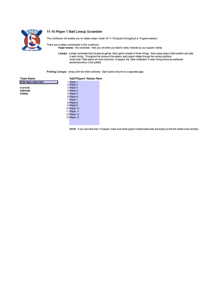 T-Ball Lineup Management Workbook | PDF | Pitcher | Games Of Physical Skill