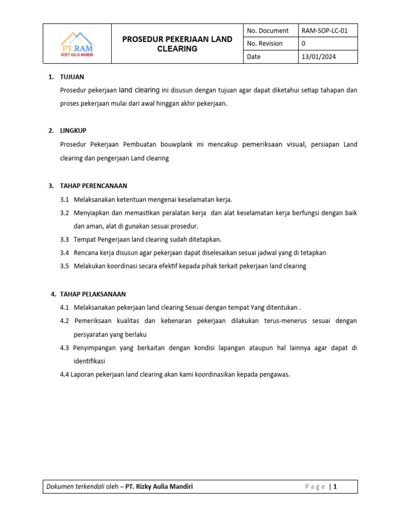SOP Pekerjaan Pekerjaan Land Clearing | PDF