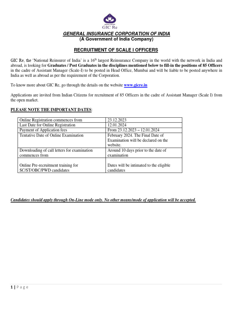 Recruitment of Scale I Officers-2023 Detailed Advertisement | PDF ...