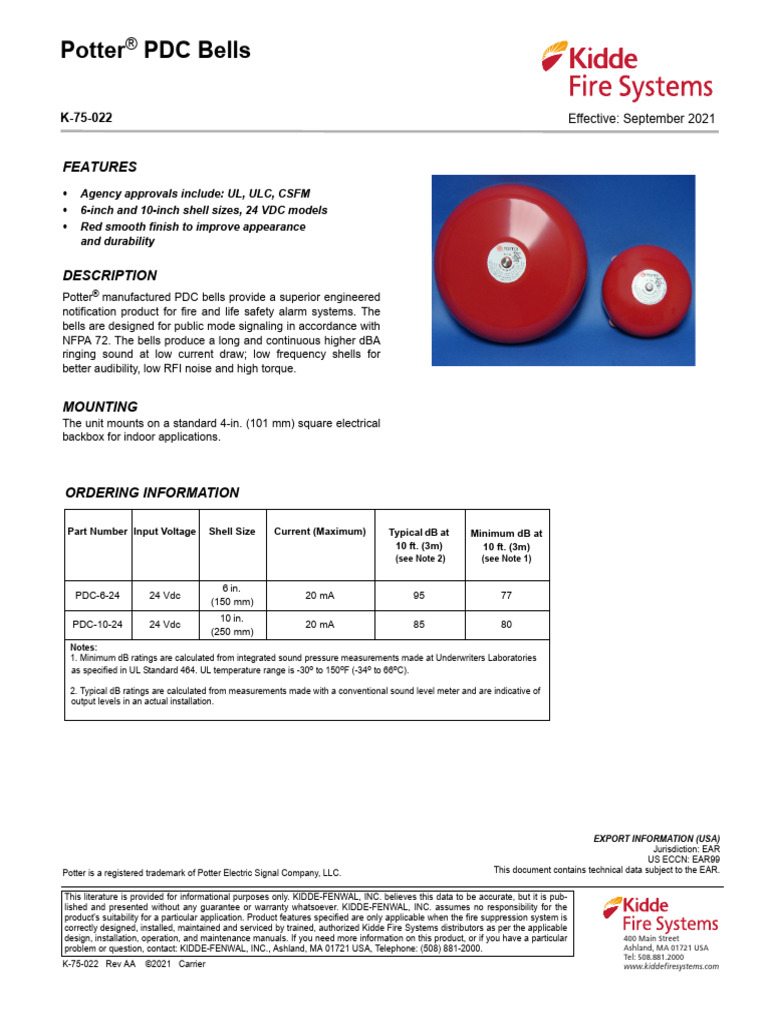 Kidde PDC Bells by Potter K-75-022 | PDF | Decibel | Electrical Engineering