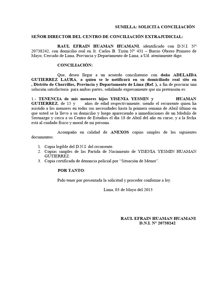 Solicita Conciliación Extrajudicial - Raul Efrain Huaman Huamani - 001 | PDF | Derecho