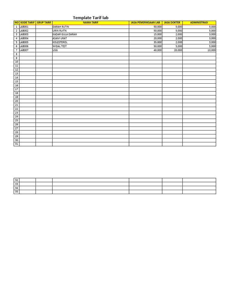 Template Tarif LAB Isi | PDF