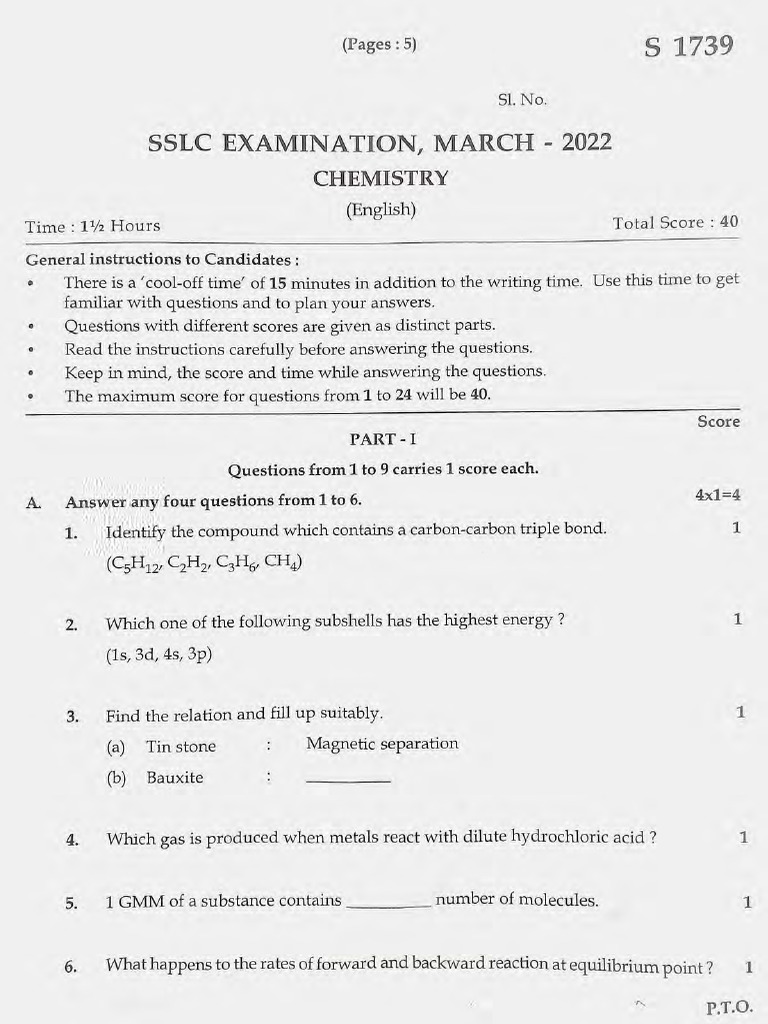 Kerala SSLC Exam March 2023 Chemistry Question Paper EM | PDF
