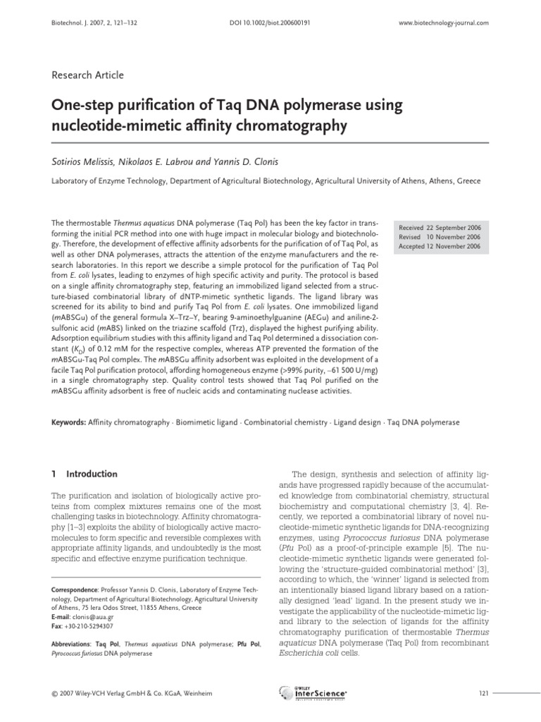 Biotechnology Journal - 2007 - Melissis - One Step Purification of Taq DNA Polymerase Using ...