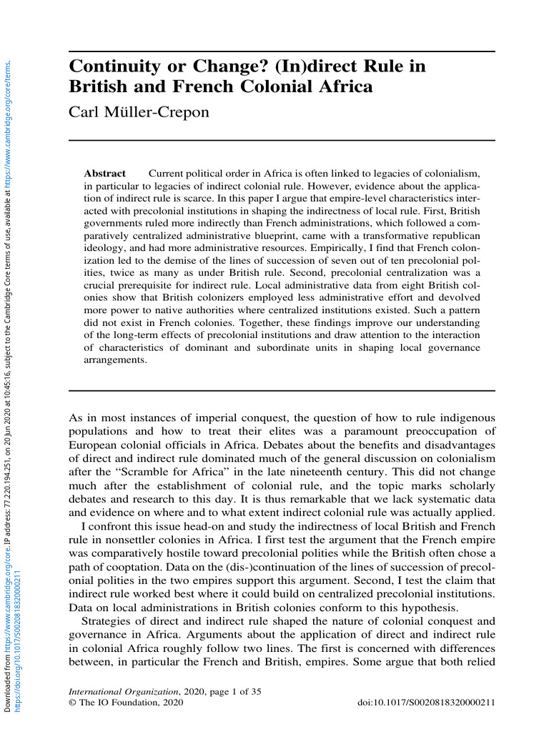 Continuity or Change? (In) Direct Rule in British and French Colonial ...
