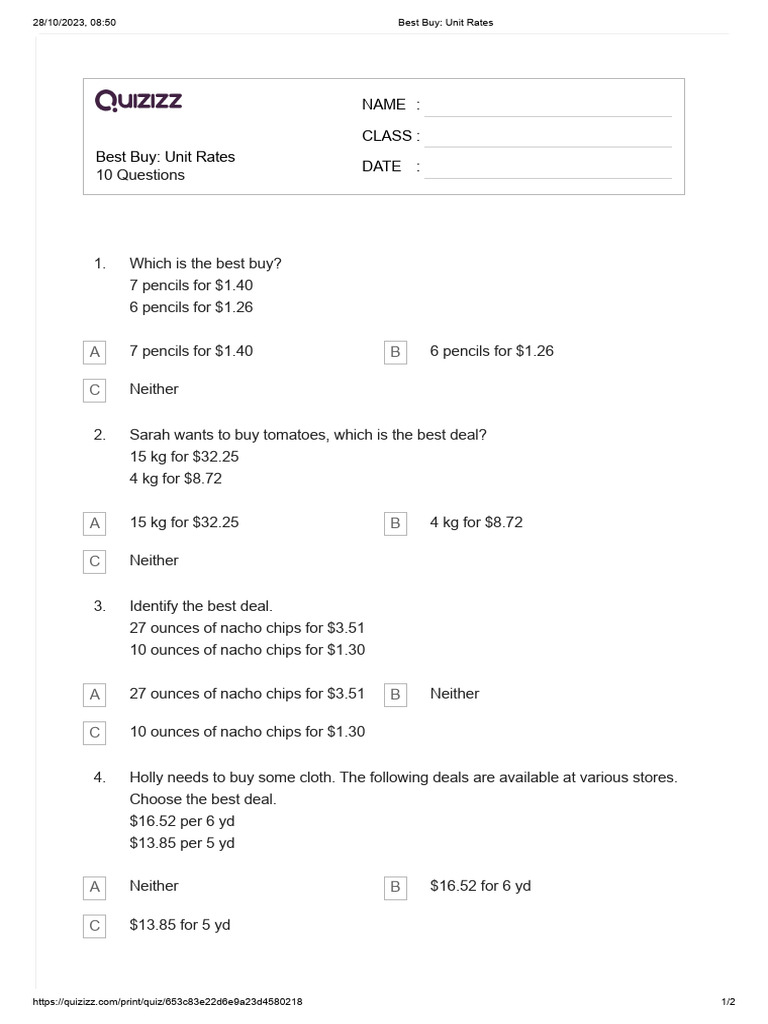 Unit Rate Quiz for Students | PDF | Cooking, Food & Wine | Home & Garden