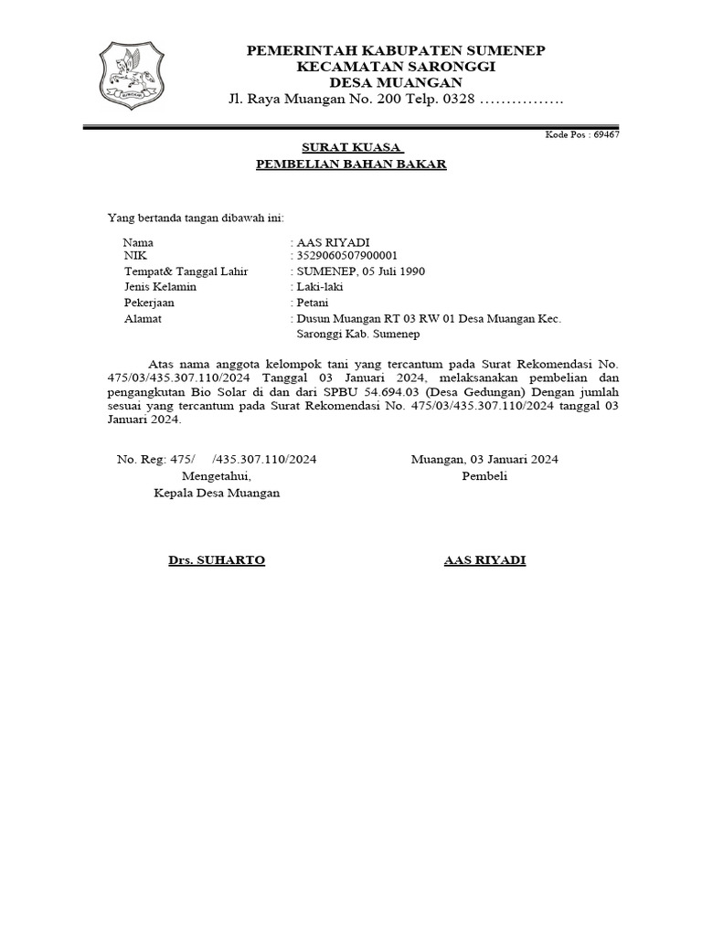 Surat Rekomendasi Pembelian BBM 2024 | PDF